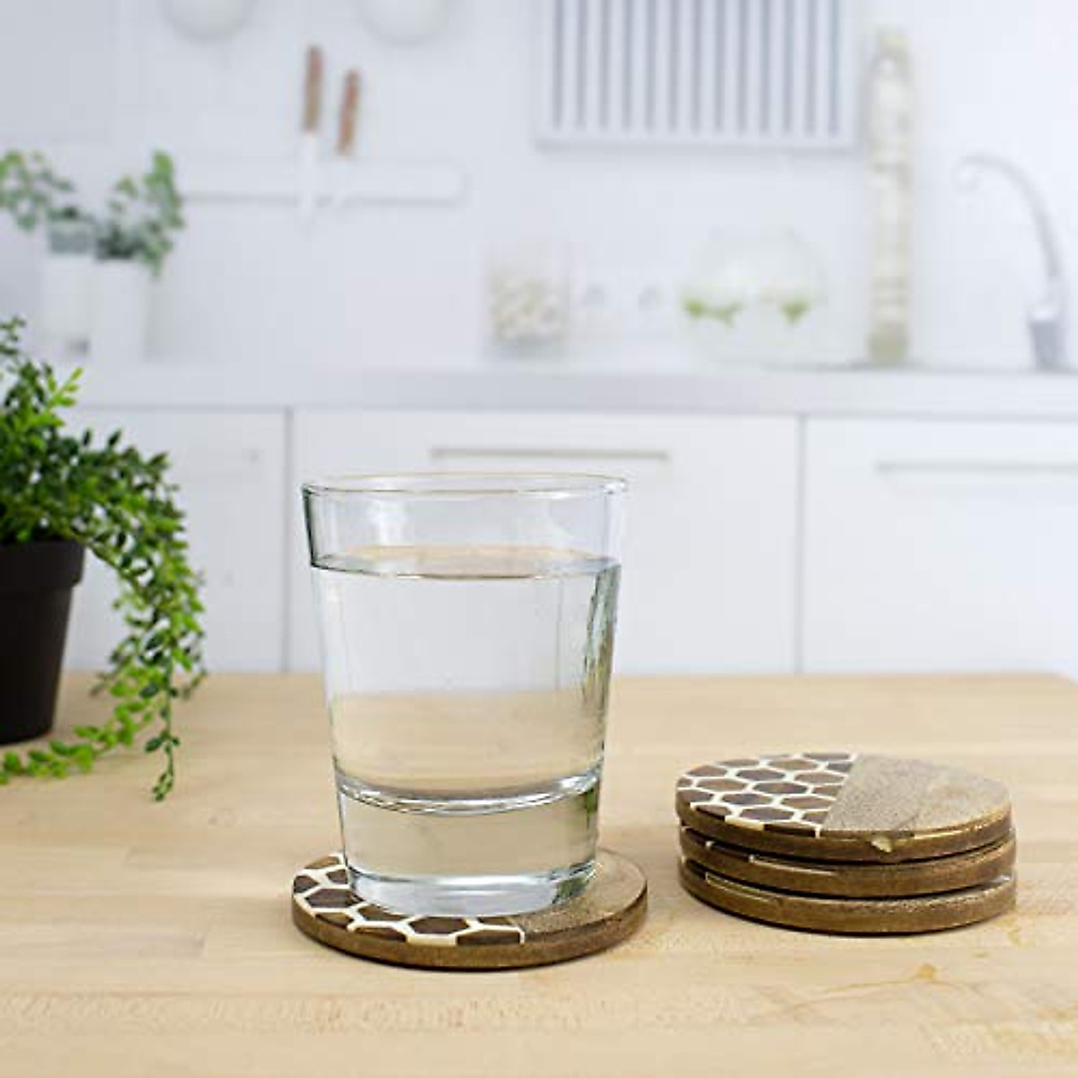 Boston Warehouse Honeycomb Resin and Wood Coasters Set of 4, Round