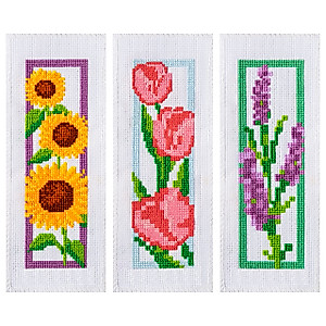 WATINC 3Pcs Cross Stitch Bookmark Kits Flower Patterns DIY Stamped Embroidery Bookmarks for Beginners Tulip Sunflower Lavender Needlepoint Starter Kits Craft Supplies Handmade Gifts for Book Lovers