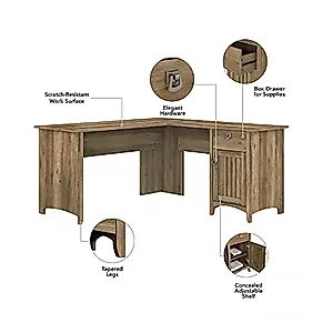 Bush Furniture Salinas L-Shaped Storage | Study Table with Drawers & Cabinets | Home Office Computer Desk, 60W, Reclaimed Pine