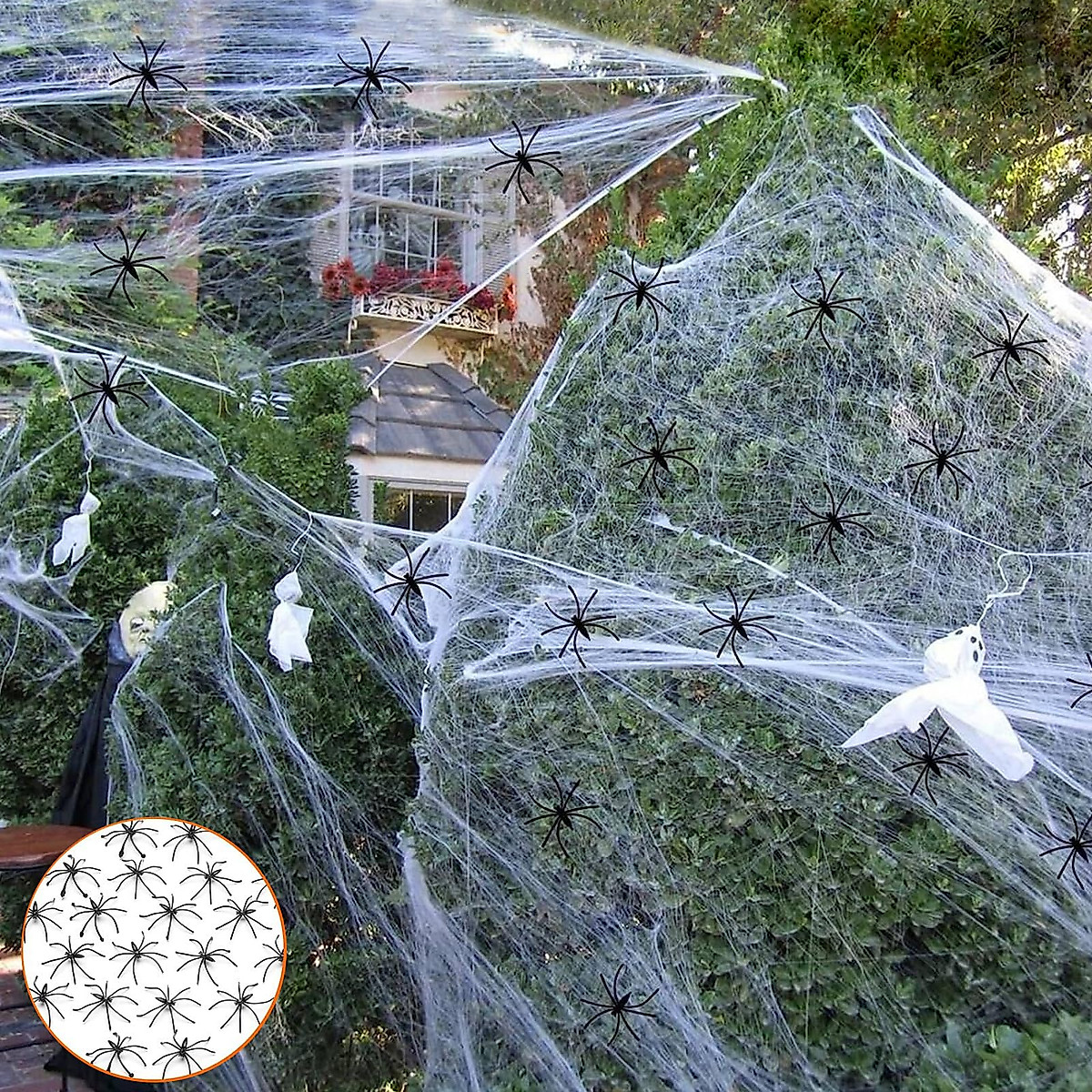 Joyseller 1200sqft Spider Web Halloween Decorations Outdoor, Stretchy Spider Webbing with 50pcs Spiders, Giant Halloween Spider Web Decor