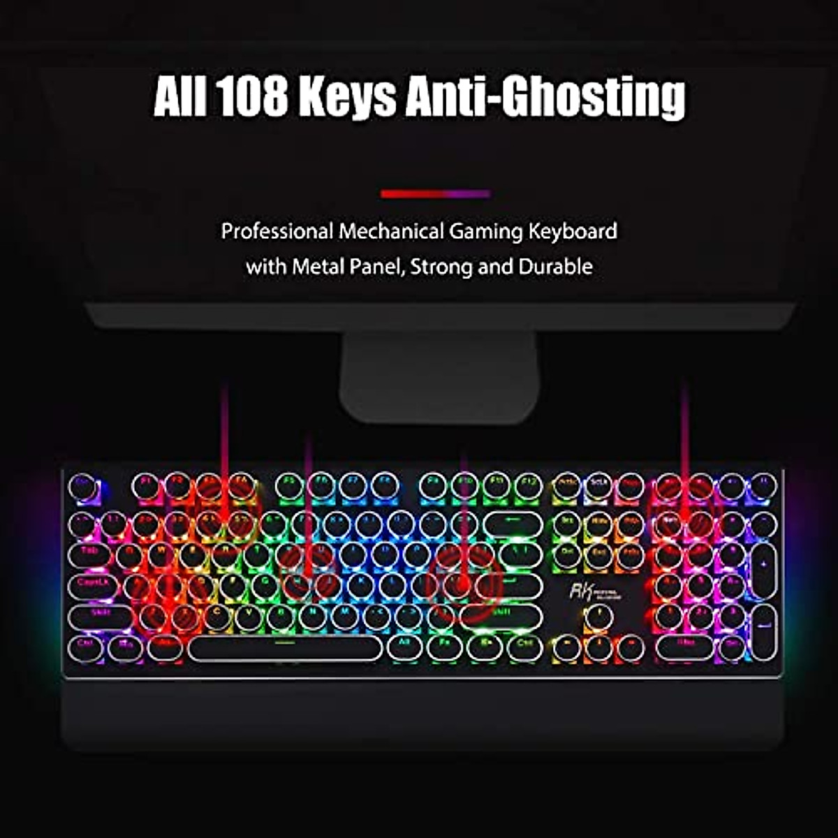RK ROYAL KLUDGE S108 Typewriter Style Retro Mechanical Gaming Keyboard Wired with True RGB Backlit Collapsible Wrist Rest 108-Key Blue Switches Round Keycap - Black