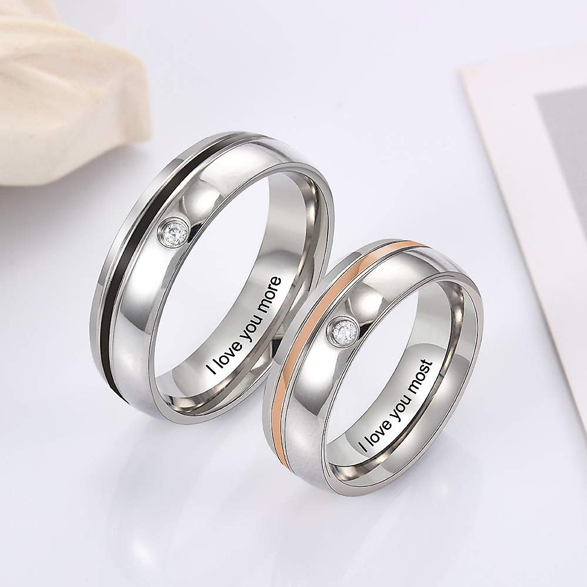 Ashleymade Personalized Couples Rings Set for Him and Her Promise Rings for Couples Free Engraving Stainless Steel Engagement Rings for Couples Valentines Day Jewelry (Ring set)
