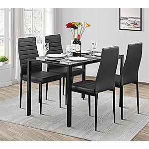 Vnewone Dining Table Set for 4,Kitchen Table and Chairs with Glass Tabletop and Heavy Metal Frame Chairs,Modern Home Furniture Suitable for Small Space Black