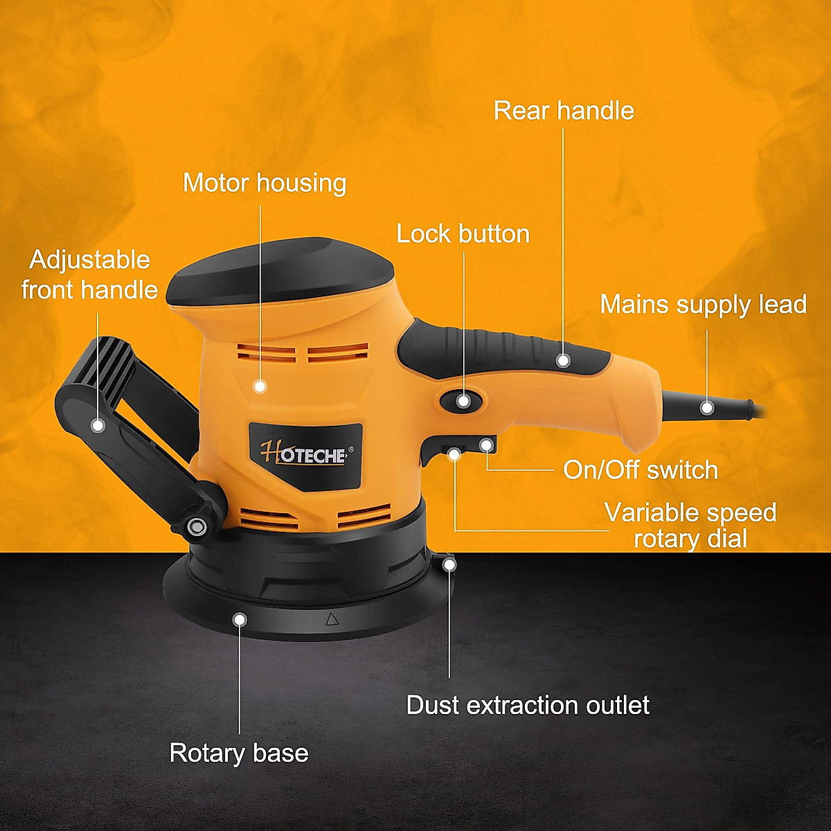 Hoteche Random Orbital Sander 3.8-Amp/450W 5-Inch Variable Speed Palm Power Sander 14,000 RPM Electric Drywall Sander Tool for Woodworking with Dust Collector and 5Pcs Sand Papers