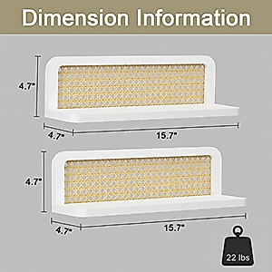 TEPLEDGE White Floating Shelves - Set of 2, Rattan Wall Mounted Hanging Shelves, Decorative Storage Shelves for Bathroom, Kitchen, Living Room & Bedroom
