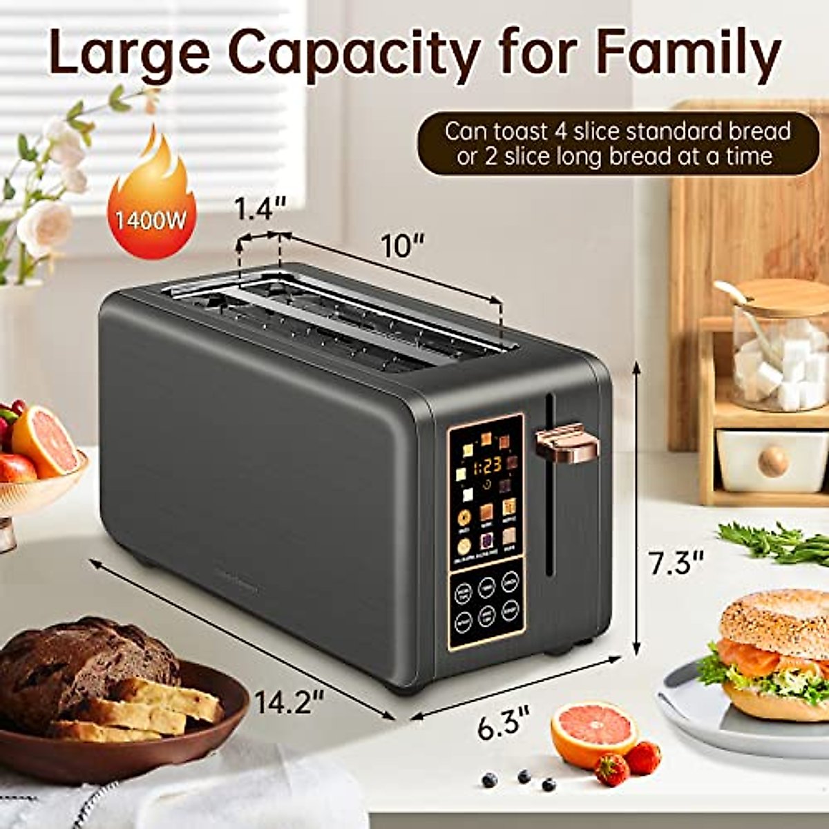 SEEDEEM Toaster 4 Slice, Long Slot Toaster with LCD Display Touch Buttons, 7 Shade Settings, 6 Bread Selection, Stainless Steel Toaster for Bagel, Defrost, Cancel, Removable Crumb Tray, 1400W, Dark Metallic