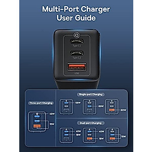 Baseus USB C Charger, 65W 3 Port Foldable USB C Wall Charger, Fast PD GaN Charger for iPhone 14/14 pro/13 Pro/13 Pro Max/SE/Mini/11/XR/XS, Steam Deck, Samsung S22+/S22, MacBook, iPad, Pixel 6, Black