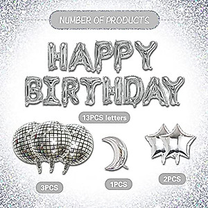Refavor Disco Happy Birthday Decorations - 19pcs Birthday Party Decorations Disco Theme Silver Happy Birthday Letters Balloons Moon Star Ball Balloons Decor 60s 70s 80s Retro Birthday Decoration Women