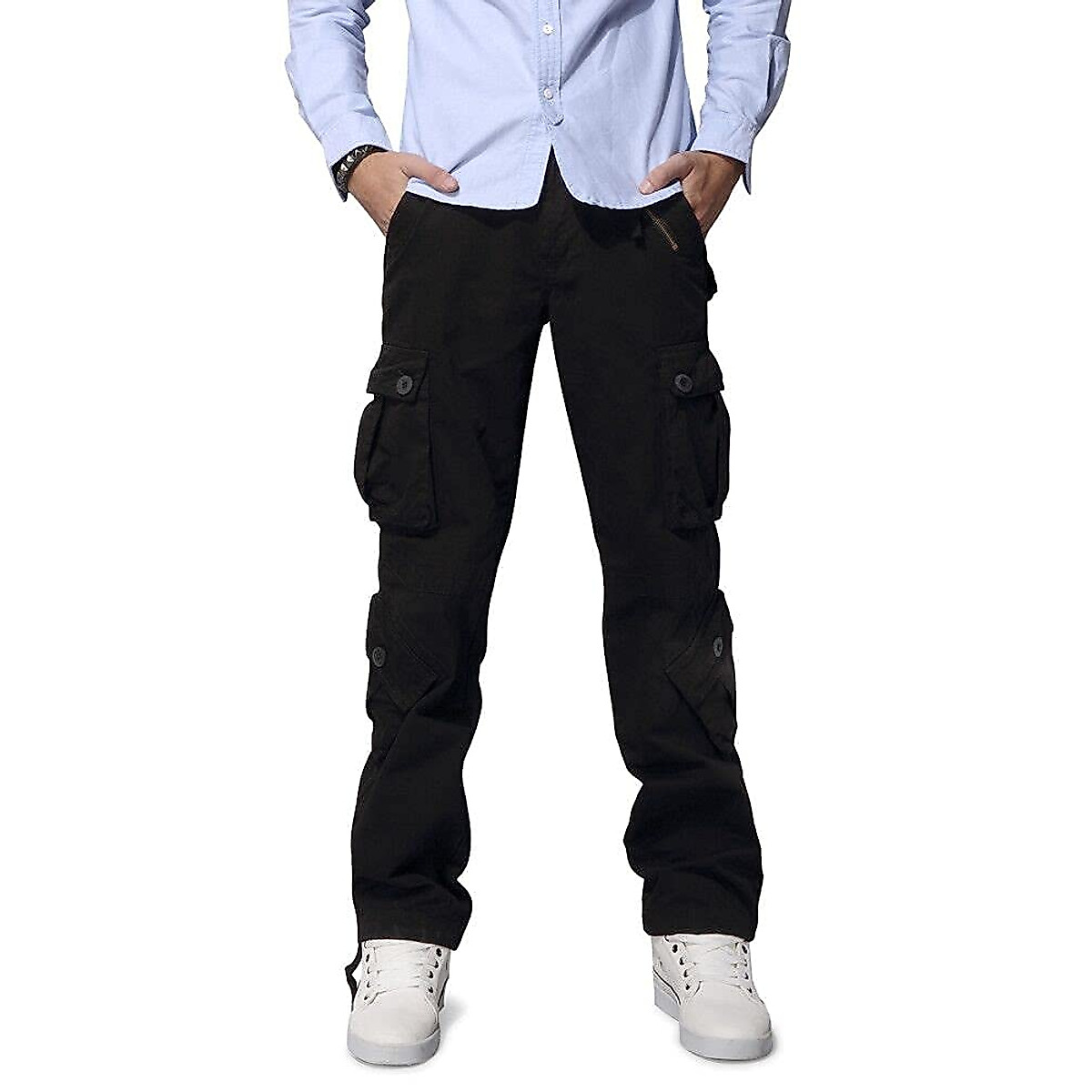 Mesinsefra Men's Cotton Casual Military Army Cargo Pants Camo Combat Work with 8 Pocket Black 36