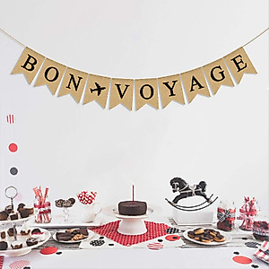 Jute Burlap Bon Voyage Banner with Airplane Retirement, Travel Theme, Cruise Party Decoration