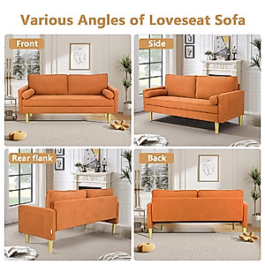 Aoowow Orange Loveseat Sofa Couch, 2 Seater Sofa Futon Lounge Sofa for Bedroom, Mid Century Modern Decor Office Love Seat Couches with Side Pockets and Round Pillows, Small Couches for Living Room