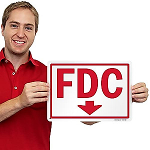 SmartSign 10 x 14 inch “FDC Fire Department Connection” Sign with Down Arrow and Pre-Cleared Holes, 55 mil HDPE Plastic, Red and white, Made in USA