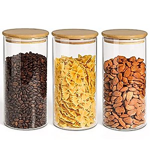 ComSaf Airtight Glass Storage Canister with Wood Lid(40oz), Clear Food Storage Container Jar with Sealing Bamboo Lid for Noodles Flour Cereal Rice Sugar Tea Coffee Beans, Round Set of 3