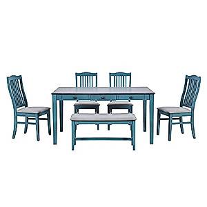 SIYSNKSI Mid-Century 6-Piece Dining Table Set with 4 Upholstered Dining Chairs and Bench, Wood Rectangular Dining Table with Drawer for Kitchen Living Room, Dining Table Set for 6 (Antique Blue)