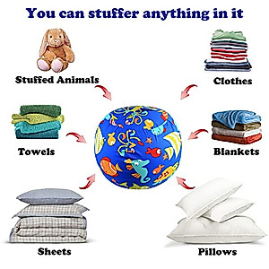 Stuffed Animal Storage Bean Bag Chairs Toy Storage Organizer Bean Bags Chair Cover for Kids 24" Cotton Canvas Beanbag with Zipper for Organizing Kid's and Adults Room, (Blue sea world, 24" x 1)