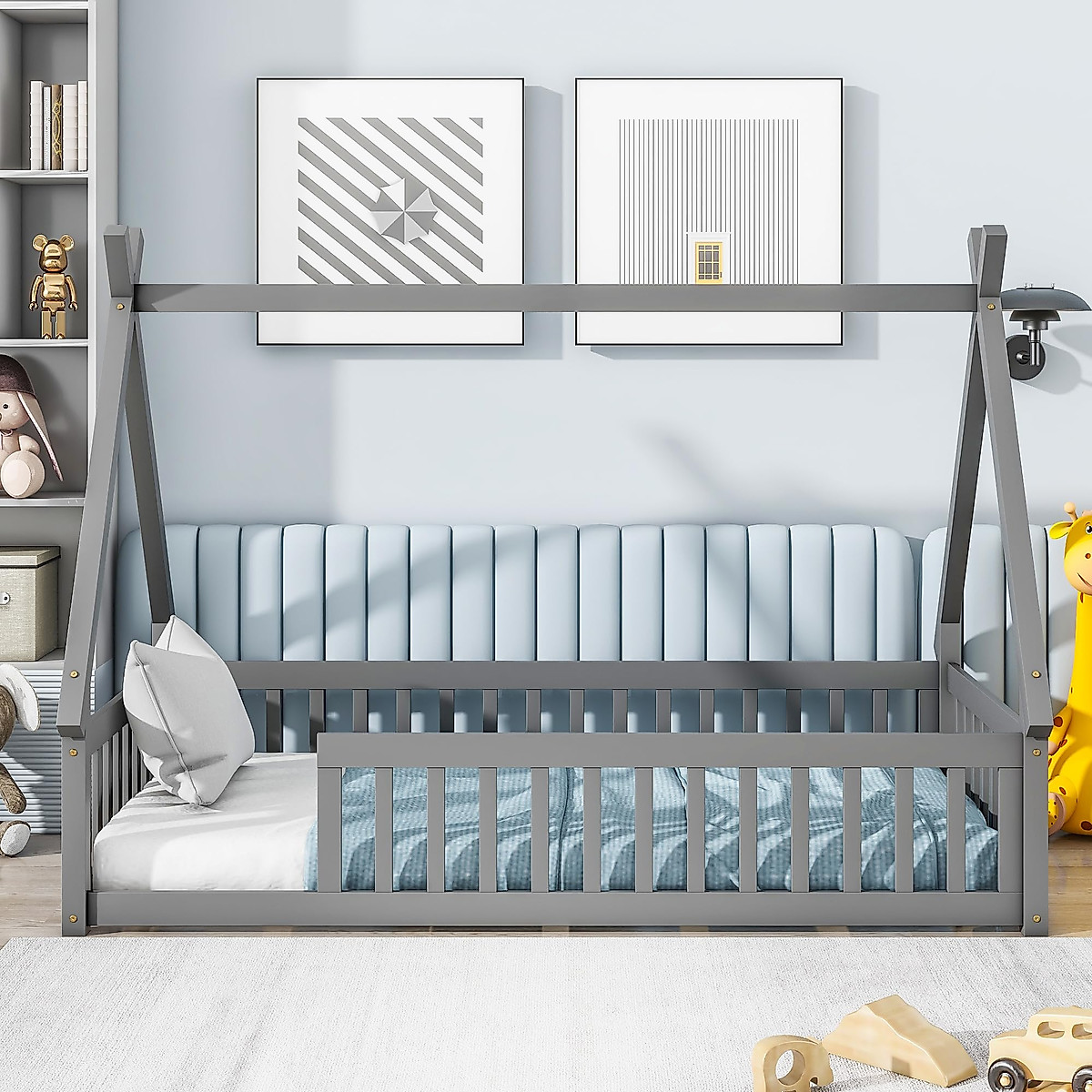 DreamBuck Twin Size Toddler Floor Bed, Montessori Floor Bed with Fence and Safety Guardrails, Solid Pine Tent-Shaped Floor Bed Frame for Kids Toddlers Girls Boys, Wood Slat Support, Grey