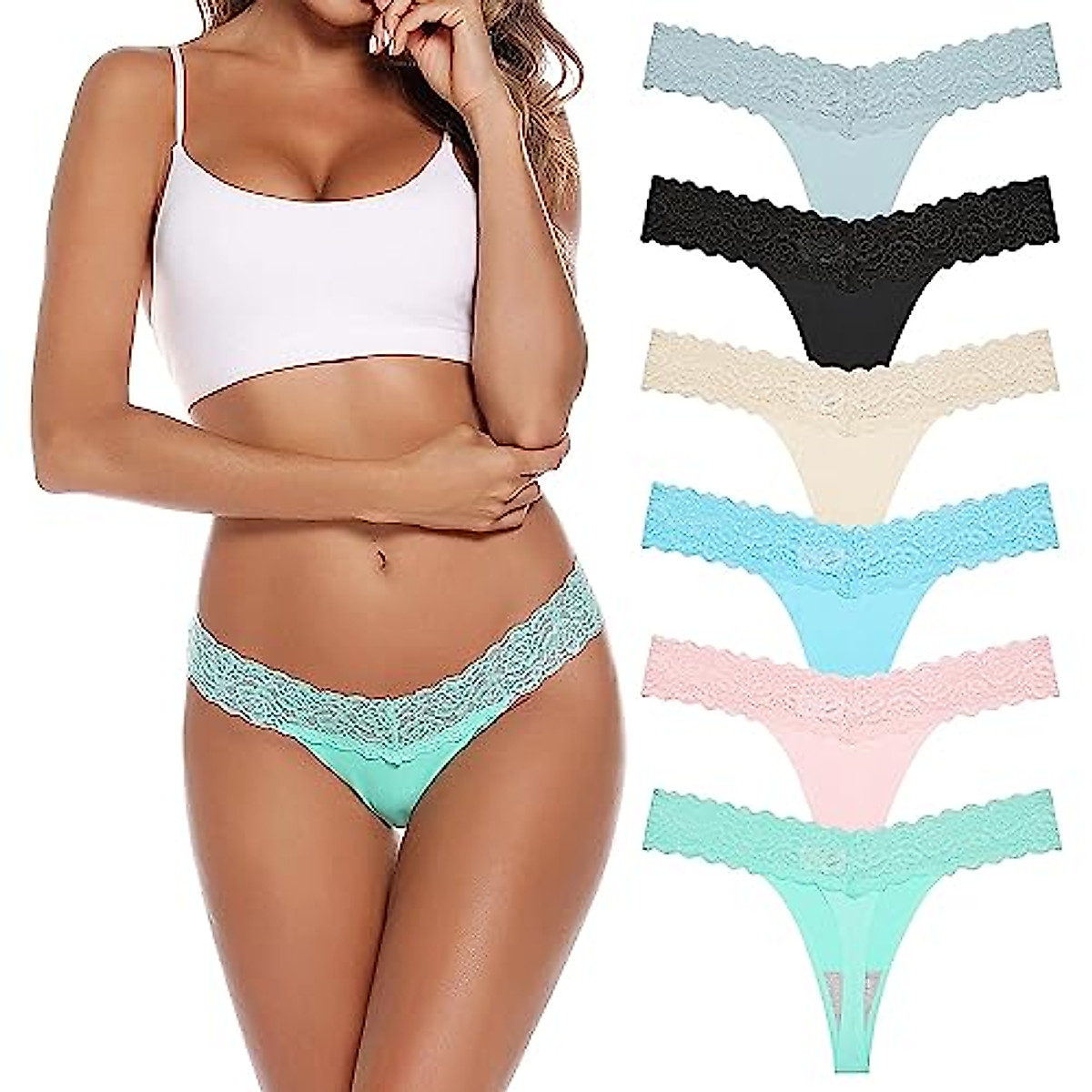 LEITNIAS Seamless Thongs For Women Lace Underwear Seamless Panties Bikini Bottom T-Back Tanga No Show Underwear For Women 6 Pack