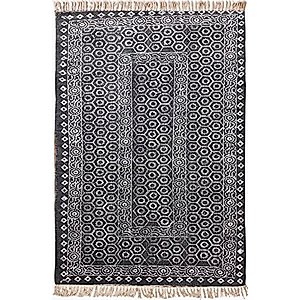 Casavani Handmade Cotton Bordered Rug, Black Indoor Rug Door Decor Mat, Hand-Woven Foldable Rug for Door Mat Washable Carpet for Front Porch Dining Room Kitchen 8x8 Feet Square (240x240 cm)