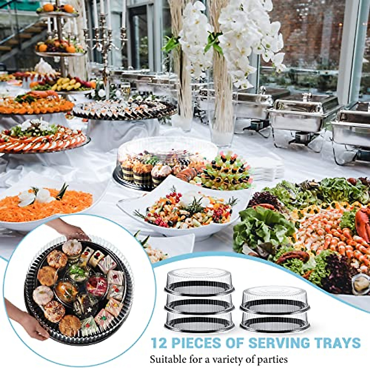12 Pieces Serving Trays with Lid 18 Inch Plastic Party Platters with Lids Heavy Duty Black Round Food Tray Large Stackable Plastic Catering Trays for Serving Appetizers Veggie Takeout Food Picnic