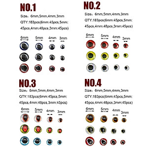 WHYHKJ Fishing Lure Eye 4 Sheets 3D Simulation Fishing Lure Eyes Fish Eyes Fly Tying Materials Artificial Fish DIY Eye Fishing Tackle (3mm 180pcs, 4mm 192pcs, 5mm 180pcs, 6mm 180pcs)