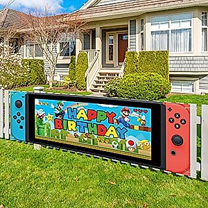 Ma-ri0 Brother Backdrop, Super Brother Birthday Party Supplies Decorations, Super Ma-ri0 Themed Bros Photography Poster Backdrop, Gold Coin Video Hot Game Banner 83x28 inch
