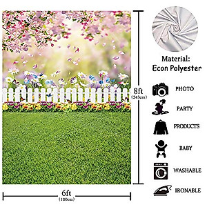 Allenjoy 6x8ft Spring Easter Garden Photography Fabric Backdrop Green Grass Lawn Pink Floral Butterfly Fence Background Baby Girl Kids Children Portrait Party Decorations Photo Booth Studio Props