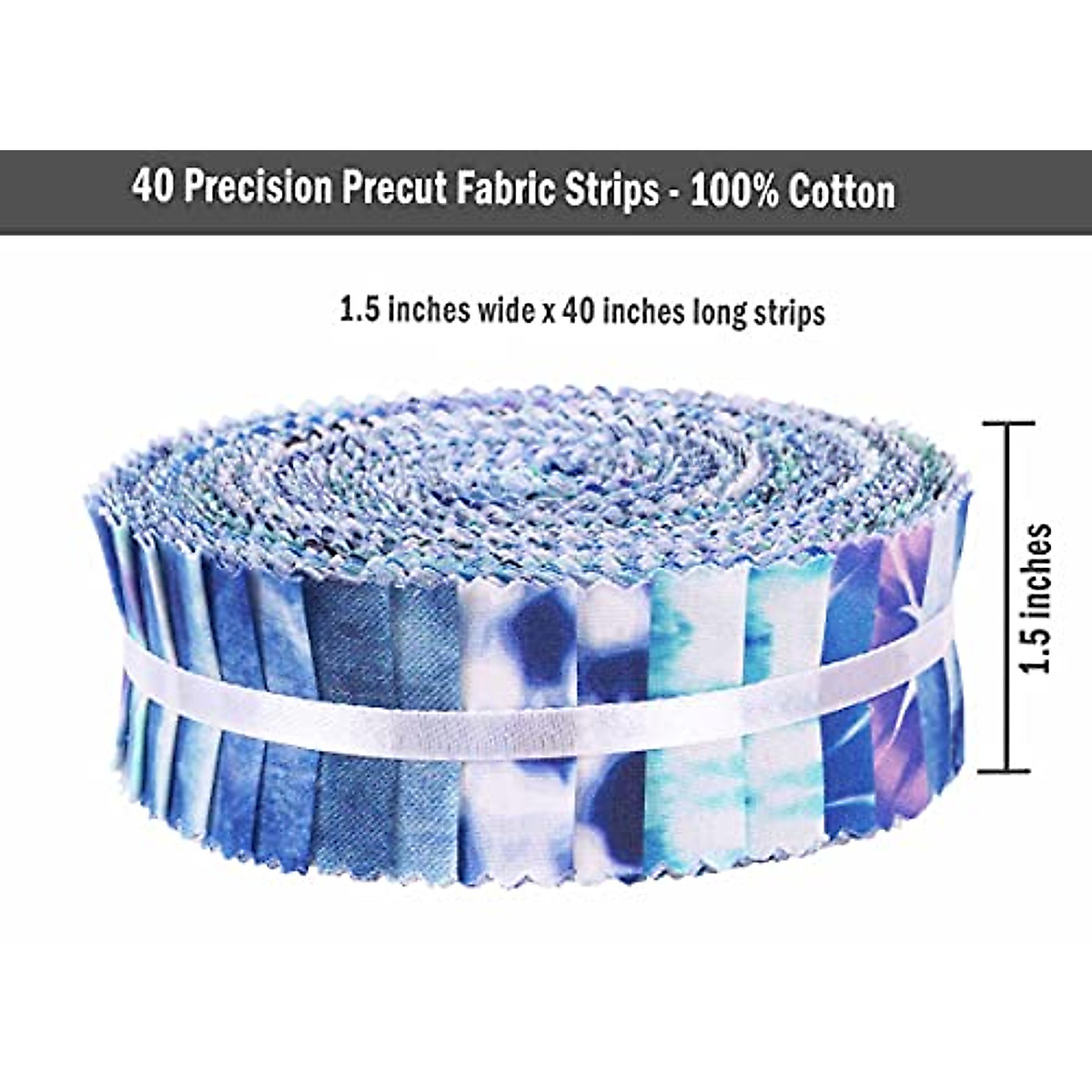 Soimoi 40Pcs Tie Dye Print Precut Fabrics Strips Roll Up 1.5x42inches Cotton Jelly Rolls for Quilting - Blue