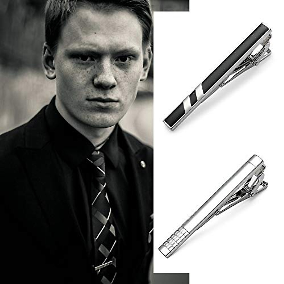 MOZETO Tie Clips for Men, Classic Style Silver Tie Bar Set for Regular Ties Luxury Box Gift Ideas