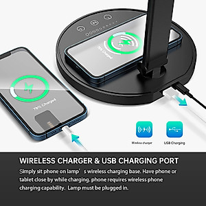 Fugetek LED Desk Office Lamp with Wireless Charger & USB Charging Port, 5 Light Color Modes, 5 Brightness Modes, Dimmer, Easy Touch Control, 30/60 Min Auto Off Timer, Eye-Caring, Black