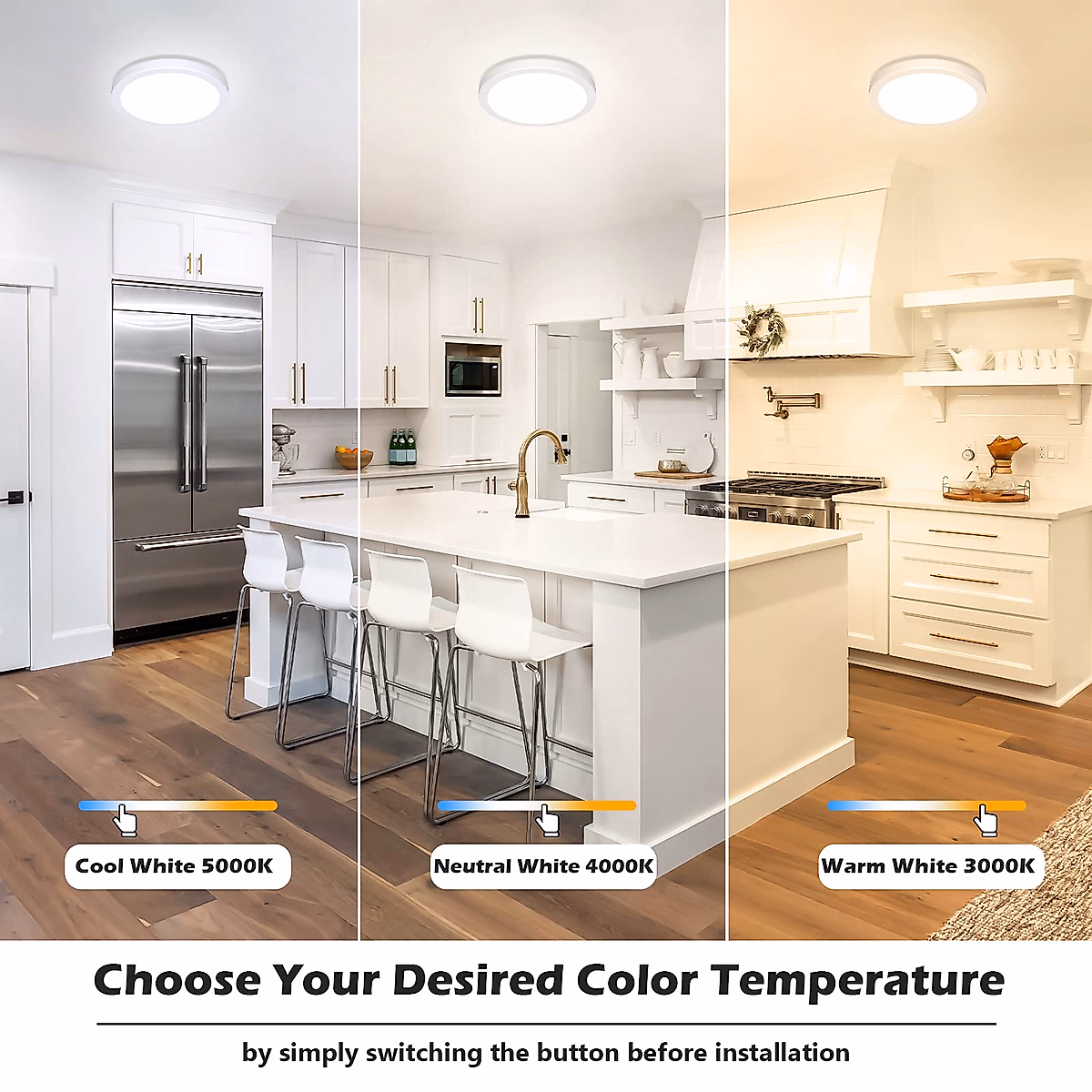 2-Pack 150W Equivalent LED Flush Mount Ceiling Light Fixture 8.5in Modern Dimmable 18W 1260LM Adjustable 3 Color Temperatures 3000K/ 4000K/ 5000K Round Close to Ceiling Light for Kitchen Hallway White