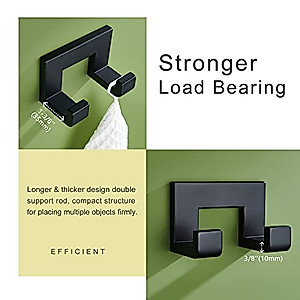 APLusee Double Robe Towel Hook Matte Black, SUS 304 Stainless Steel Square Dual Coat Hook, Utility Bath Kitchen Storage Hanger Holder
