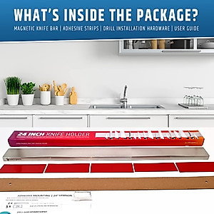 Strong Adhesive (No Drill) Magnetic Knife Holder for Wall - Professional 24 Inch Knife Strip - No Screws Needed - Adhesive Backing - Stainless Steel Knife Bar (Upgraded Version – Will Not Fall)