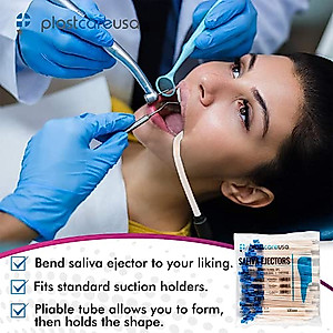 1000 Dental Saliva Ejectors Disposable - Medical Grade Latex Free Evacuation Suction Tips - Flexible Clear Tube with Blue Tip (10 Bags of 100) by PlastCare USA