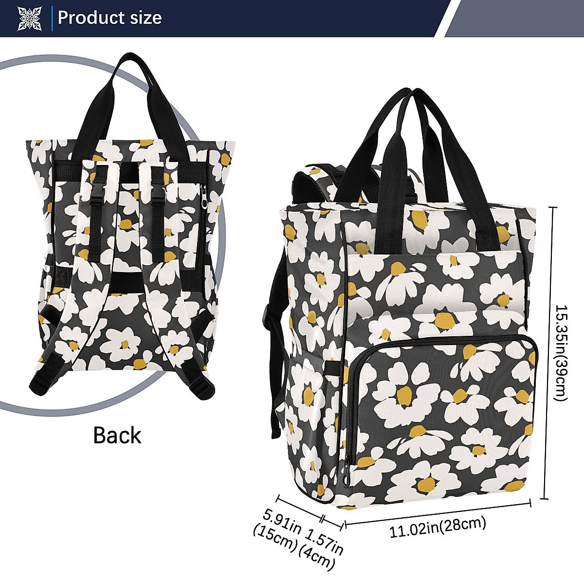 Daisy Flowers Diaper Bag Backpack for Baby Boys Girls Multifunction Baby Essentials Travel Tote with Stroller Straps & Bottle Storage Maternity Travel Bag for Shopping Hiking Traveling Moms Dads