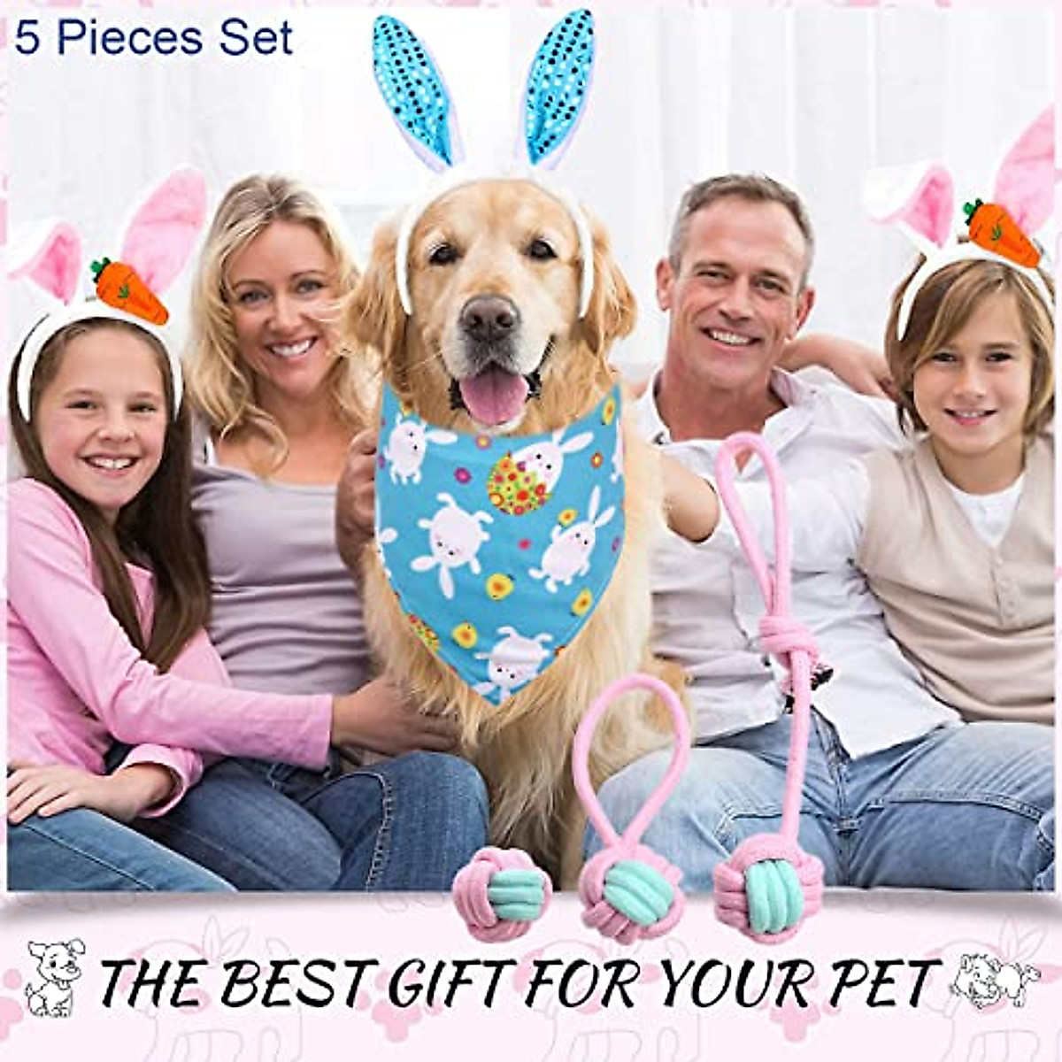 Dog Easter Bunny Costume, 5 Pieces Sequin Pet Rabbit Ears Headband Headwear, Rabbit Egg Bandana, Teething Chew Rope Ball Toy Set, Dog Easter Costumes for Small Medium Dogs Puppy Party Accessory (Blue)