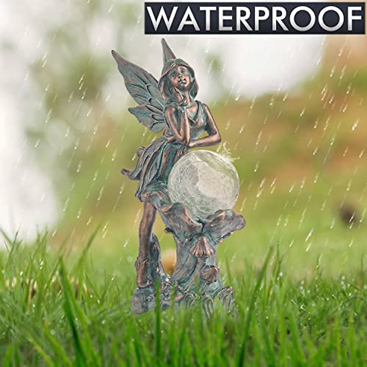 TERESA'S COLLECTIONS Solar Garden Fairy Statue, Outdoor Patina Bronze Fairy Sculptures with Crackle Glass, Garden Figurines Lawn Ornaments Garden Art for Balcony Patio Yard Decor 12.4 Inch