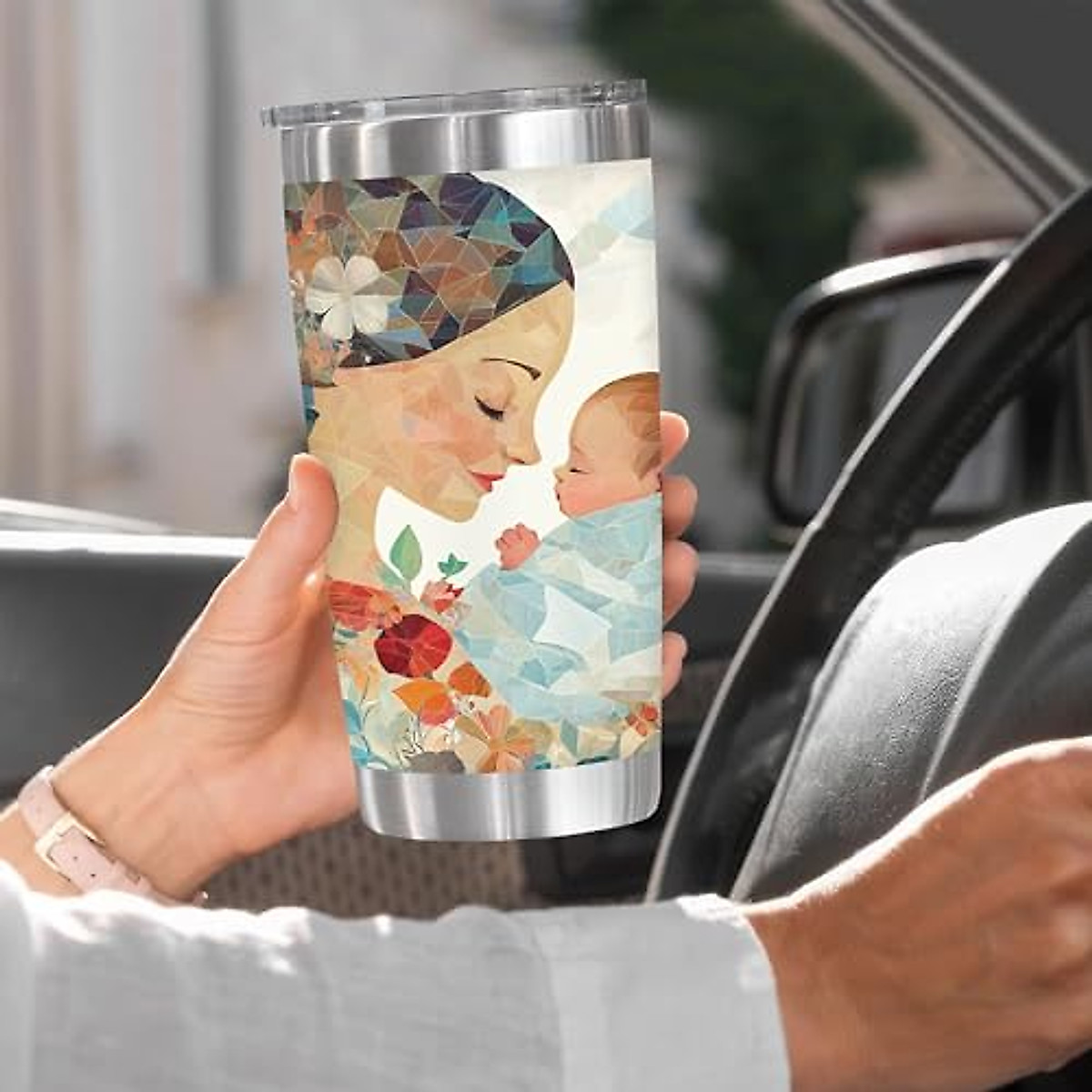 FOCIUZTA 20oz Low-Poly Floral Art Design with Maternal Love Theme Tumbler with Lid, Travel Coffee Cup, Ideal for Easter, Mother Day, and Birthday Gifts