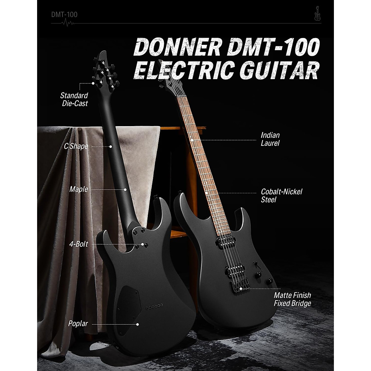 Donner Solid Body Electric Guitar, Matte Finish 39 Inch Metal Electric Guitar Beginner Kits with Bag, Strings, Strap, Cable, Strings Dampener for Rock Music Lover, DMT-100 (Matte Black)