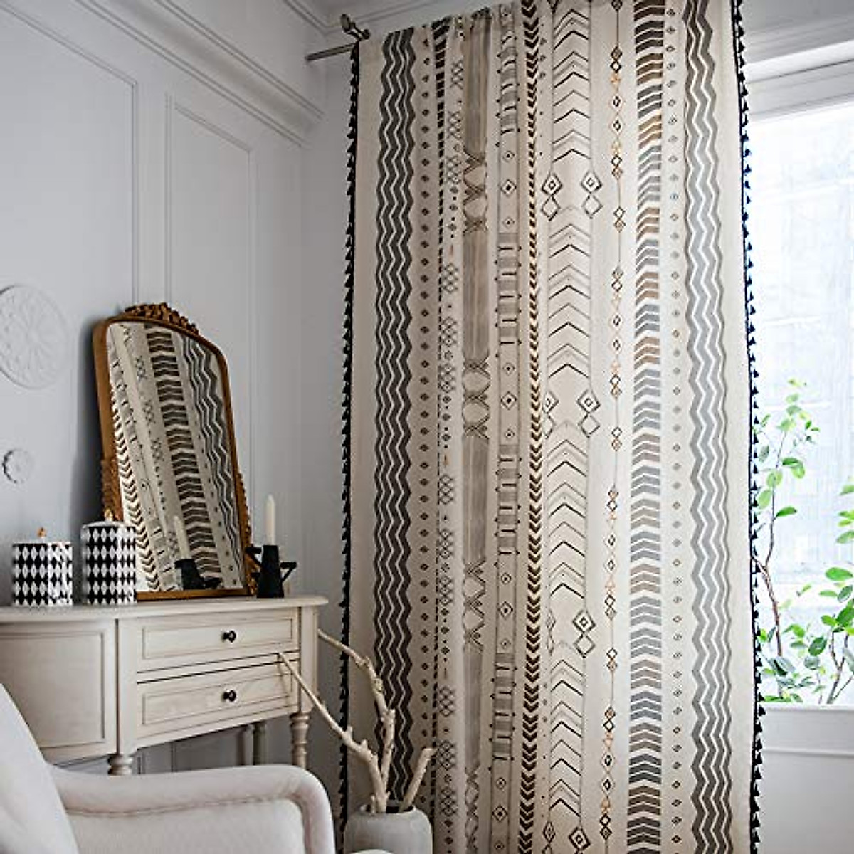 ColorBird Geometric Semi-Blackout Window Curtains 2 Panels Tribal Style Cotton Linen Darkening Curtains with Black Bordered Tassel Rod Pocket Window Drapes for Living Bedroom, 59W x 84L Inch, 1 Pair