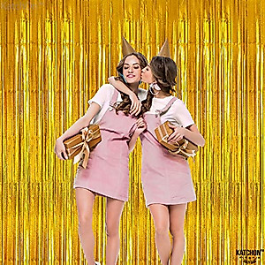 KatchOn, Iridescent Gold Fringe Curtain Backdrop - XtraLarge, 6.4x8 Feet, Pack of 2 | Gold Foil Curtains | Gold Streamer Backdrop Curtain, Gold Backdrop Curtain for Gold Streamers Party Decorations
