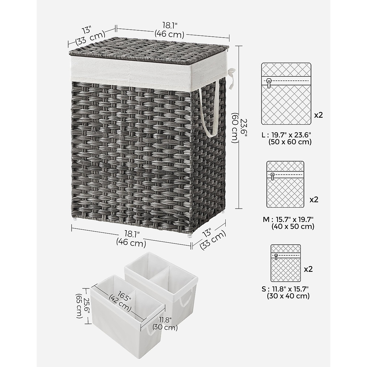 SONGMICS Laundry Hamper with Lid, 90L Clothes Hamper with 2 Removable Liner Bags, 6 Mesh Bags, Wicker Laundry Basket, Double Laundry Hamper for Bathroom, 13 x 18.1 x 23.6 Inches, Gray ULCB251G01V1