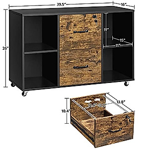 Yaheetech Mobile File Cabinet with 2 Drawer and 4 Open Compartments, Storage Lateral Filing Cabinet for Letter Size A4 Size, Printer Stand for Home Office, Black& Rustic Brown