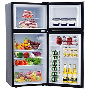 Zstar 4.5 Cu.Ft Mini Fridge with Freezer Freestanding, Energy-efficient Compact Refrigerator for Bedroom Office Dorm, 5 level Adjustable Thermostat, Stainless Steel 2 Doors, Crisper Drawer, 128L