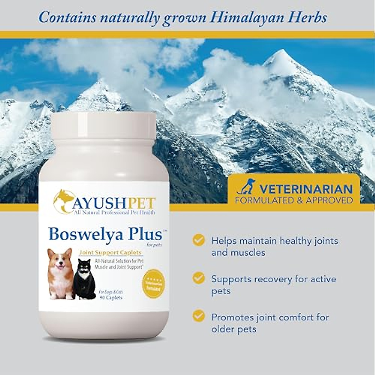 Ayush Pet Boswelya Plus, Joint and Muscle Support for Pets, Ayurvedic Pet Supplement with Boswellia, Ginger, and Bromelain, Large or Small Animals, 90 Vegetarian Caplets