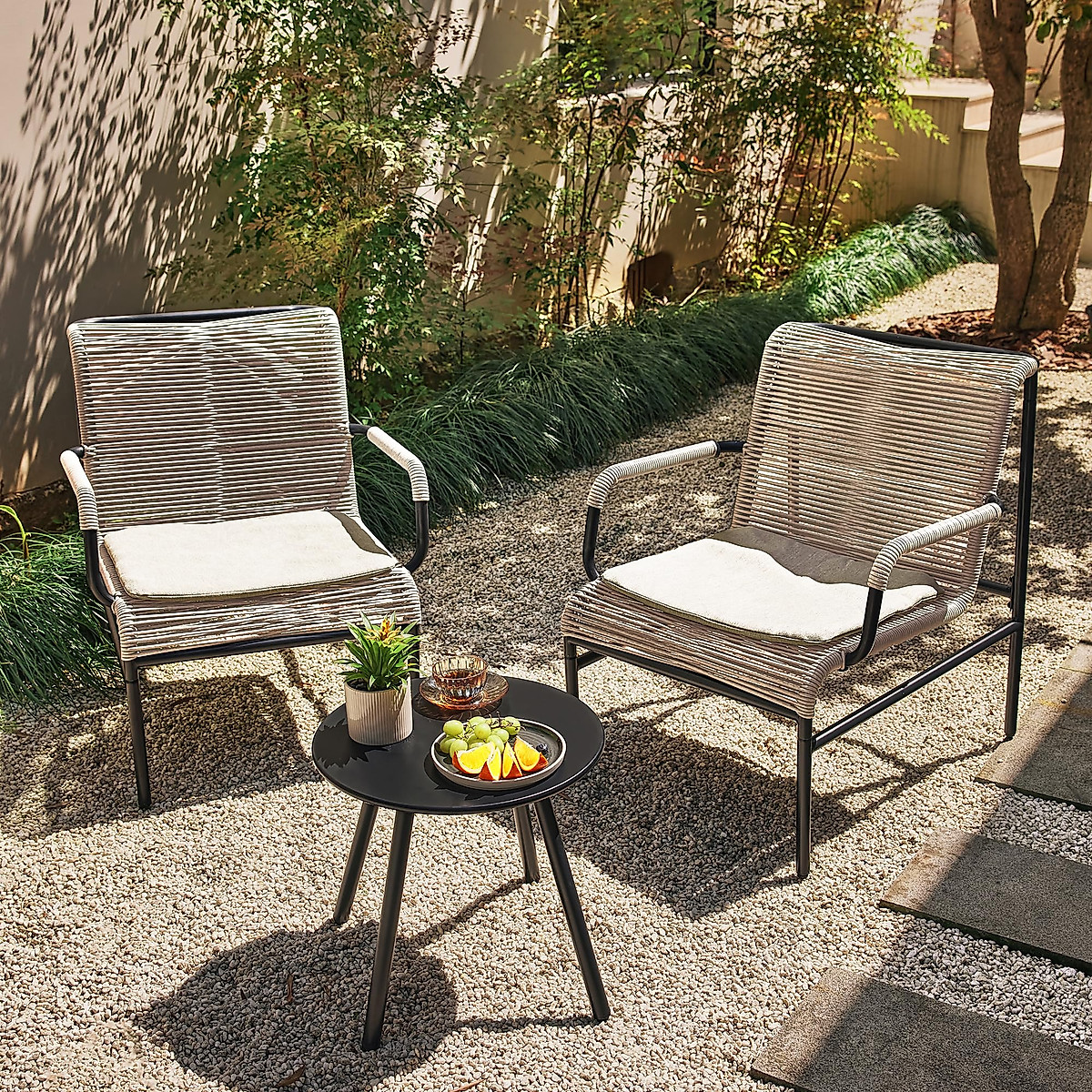 EAST OAK 3-Piece Patio Furniture Set, Outdoor Bistro Set with PE Rattan Wicker Wide Chairs, Soft Cushions & Coffee Table, Modern All-Weather Wicker Patio Set for Garden and Porch, Creamy Apricot