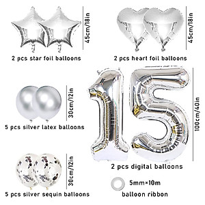 Ceqiny 40" 15th Number Balloon Mylar Balloon 18” Star Heart Foil Balloon 12” Sequins Latex Balloon for Birthday Party Wedding Bridal Shower Photo Shoot Anniversary Decor, Silver 15 Balloon Kit