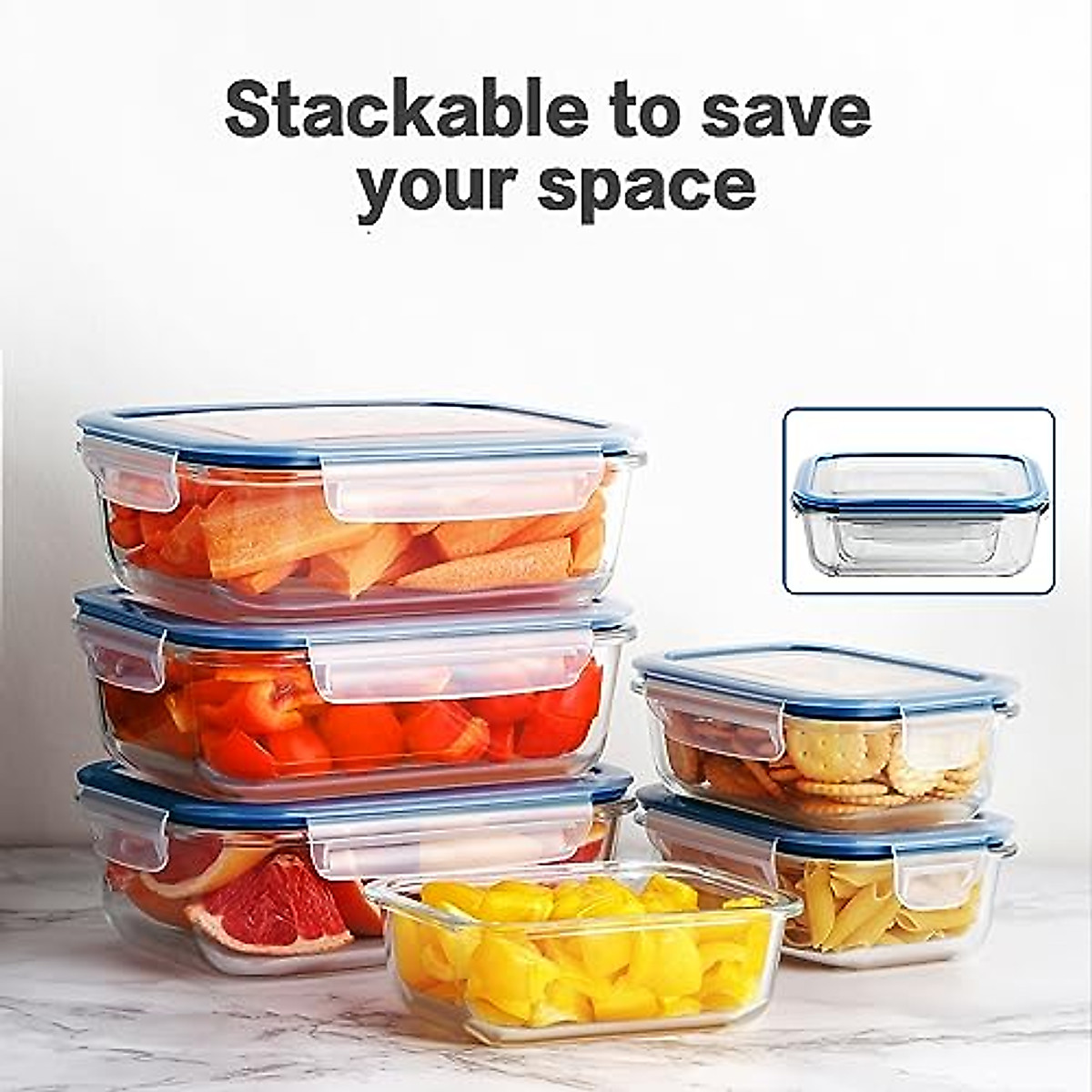 HOMBERKING 10 Pack Glass Meal Prep Containers, Glass Food Storage Containers with Lids, Airtight Glass Lunch Bento Boxes, BPA-Free & Leak Proof, 36oz & 14oz (10 lids & 10 Containers) - Blue