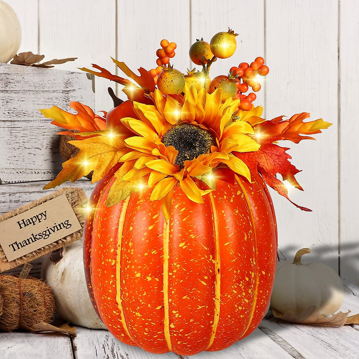 Roseeyo 11 Inch Lighted Pumpkin Decor, Thanksgiving Decorations Artificial Pumpkin with 30 LED Lights 9 Maple Leaves 2 Pumpkins 2 Berry Stems Sunflower Straw, Autumn Pumpkin Home Table Decorations