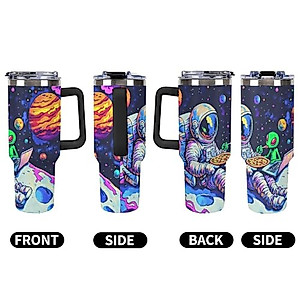 Astronaut Aliens Pizza Insulated Tumblers with Handle Stainless Steel Coffee Mug Funny Travel Cup with Lid Straw 40oz
