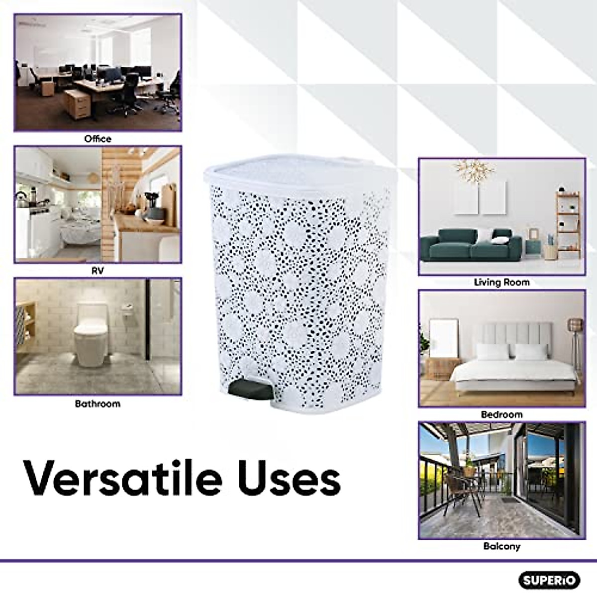 Compact Plastic Step-On Trash Can, Indoor and Outdoor Waste Bin with Foot Pedal, White Decorative Garbage Bin with Lace Design, 12 Qt Small Trash Can for Kitchen, Bathroom, Bedroom, Patio, Yard